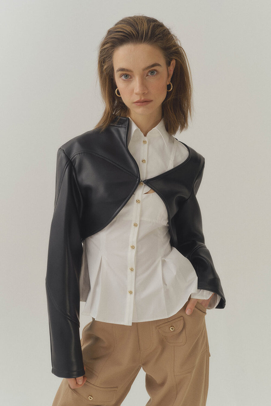 Leather Off-Shoulder Cropped Jacket – HAN WEN STUDIO