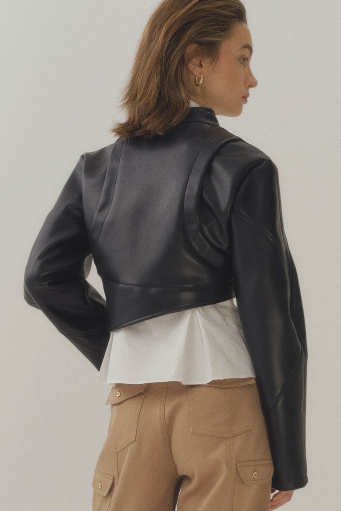 Leather Off-Shoulder Cropped Jacket – HAN WEN STUDIO